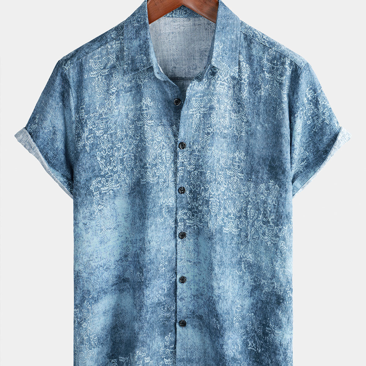 Men's Cotton Vintage Light Blue Short Sleeve Summer Button Up Shirt ...