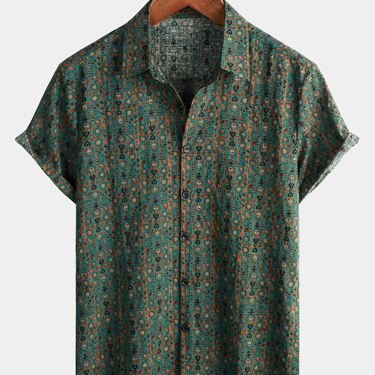 Men's Vintage Paisley Print 70s Button Up Green Boho Retro Tribal Shor ...